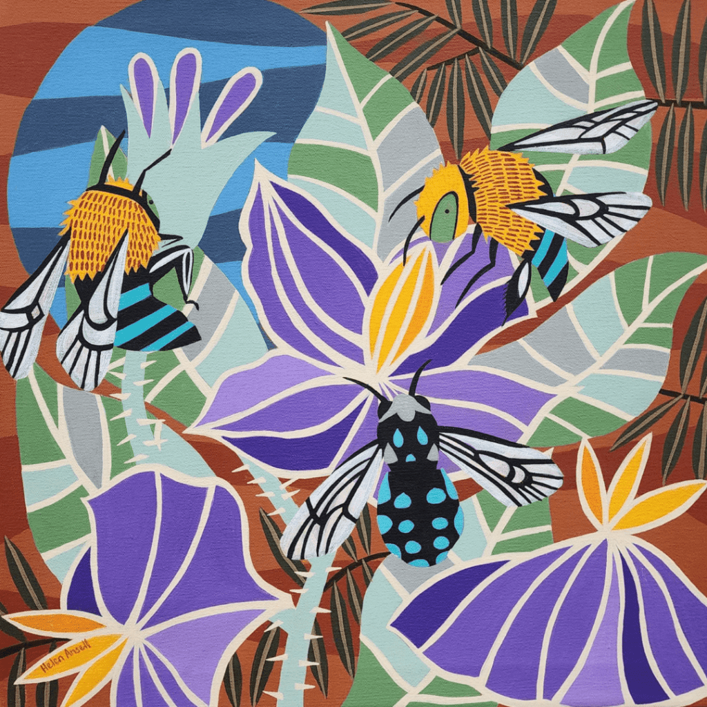 Blue Banded Bee and Neon Cuckoo Bee - Original Painting - Helen Ansell Art